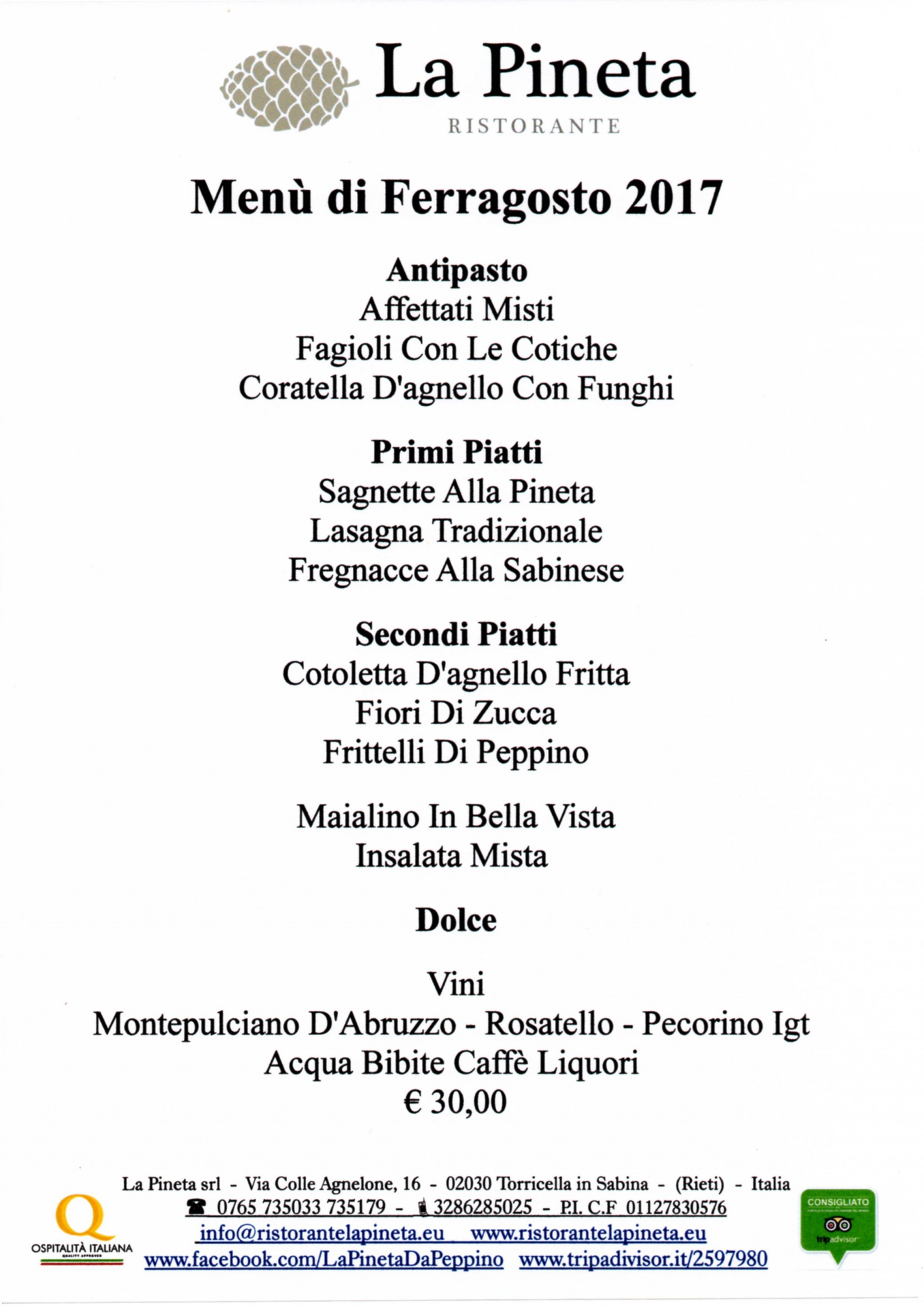 Menù ferragosto 2017 | La Pineta